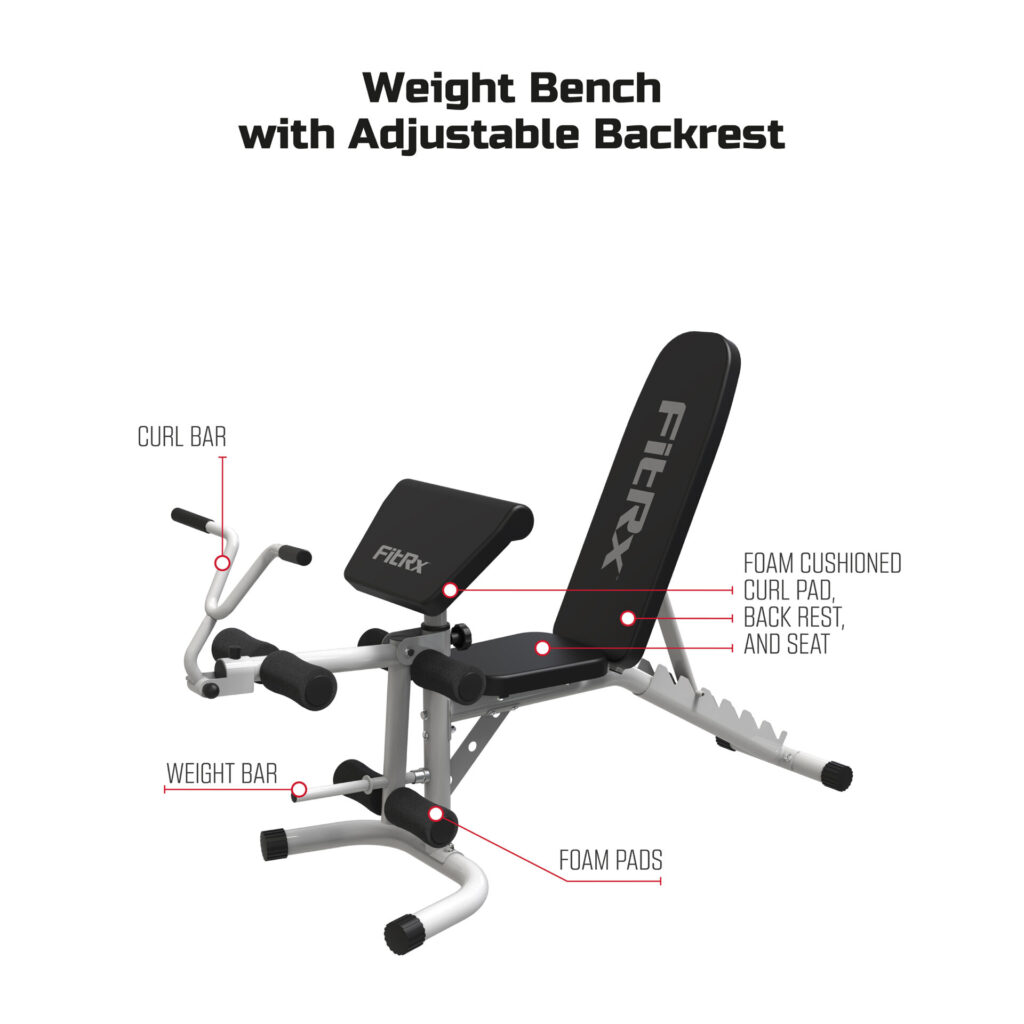 Adjustable Workout Bench – 6 Positions, Curl Bar & Leg Lever - FitRx™